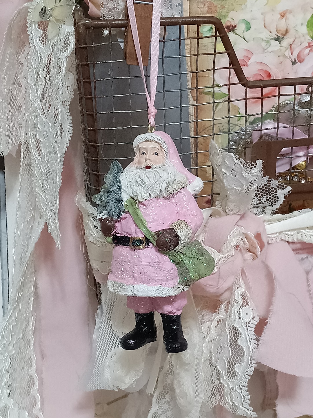 Pink Vintage Santa Shabby Chic Christmas Ornament Statue 3 1/2 Tall ...