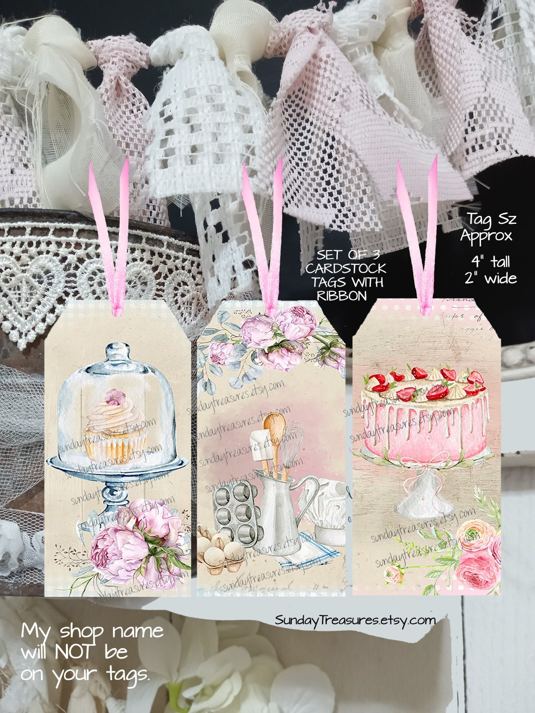 Handmade 3 Pc Set Baking Tags / Favor Bag Gift Tags / Romantic Feminine ...