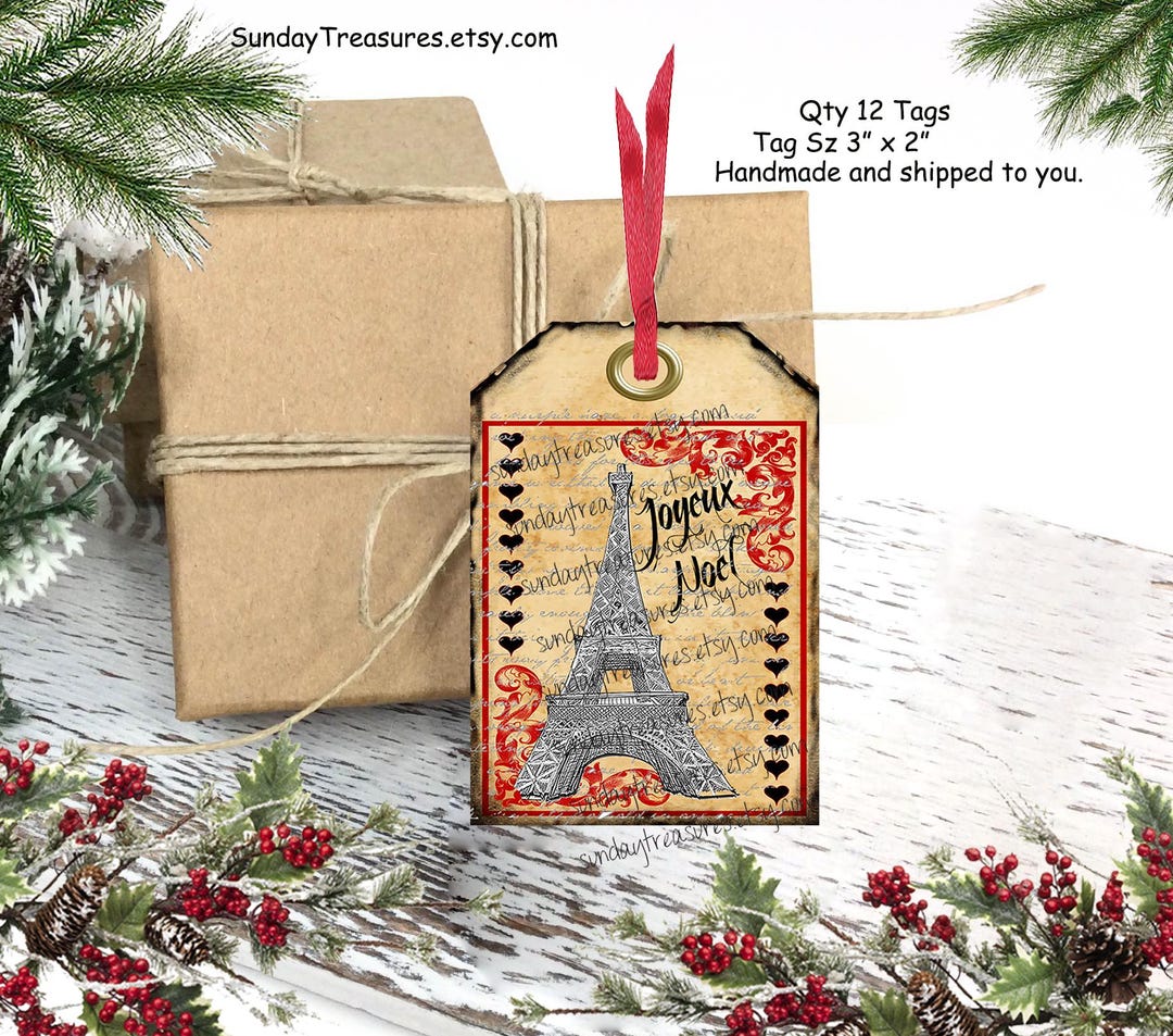 Handmade 12 Christmas Tags / Eiffel Tower Joyeux Noel Shabby Chic ...