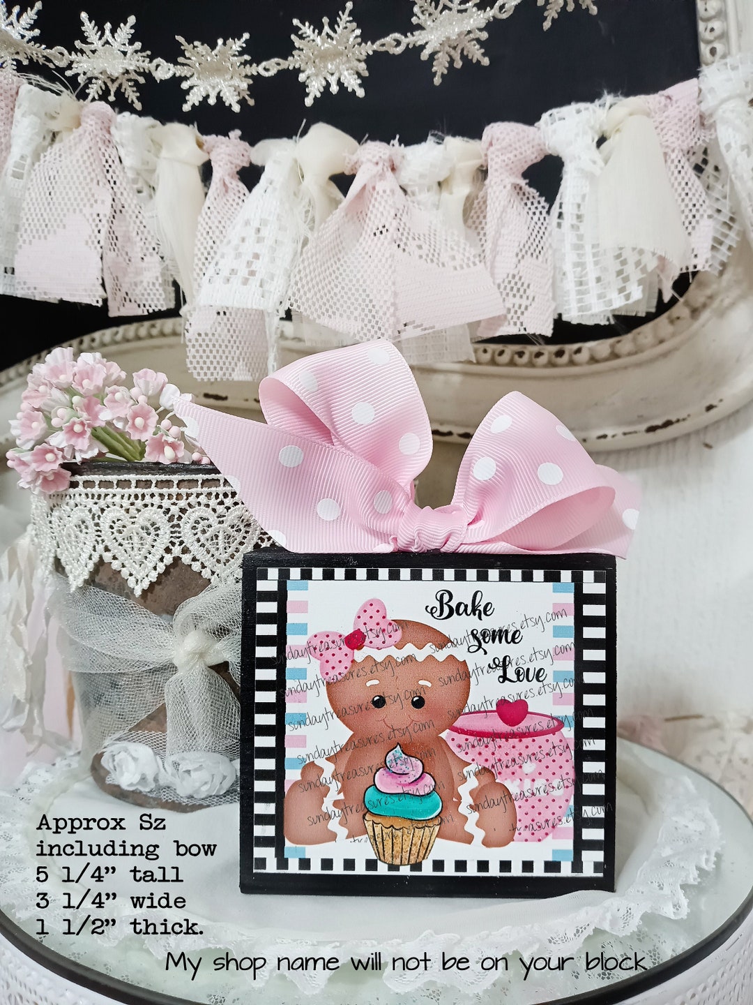 Pink Gingerbread Girl Block / Cupcake Cookie Bake Some Love / Shabby ...