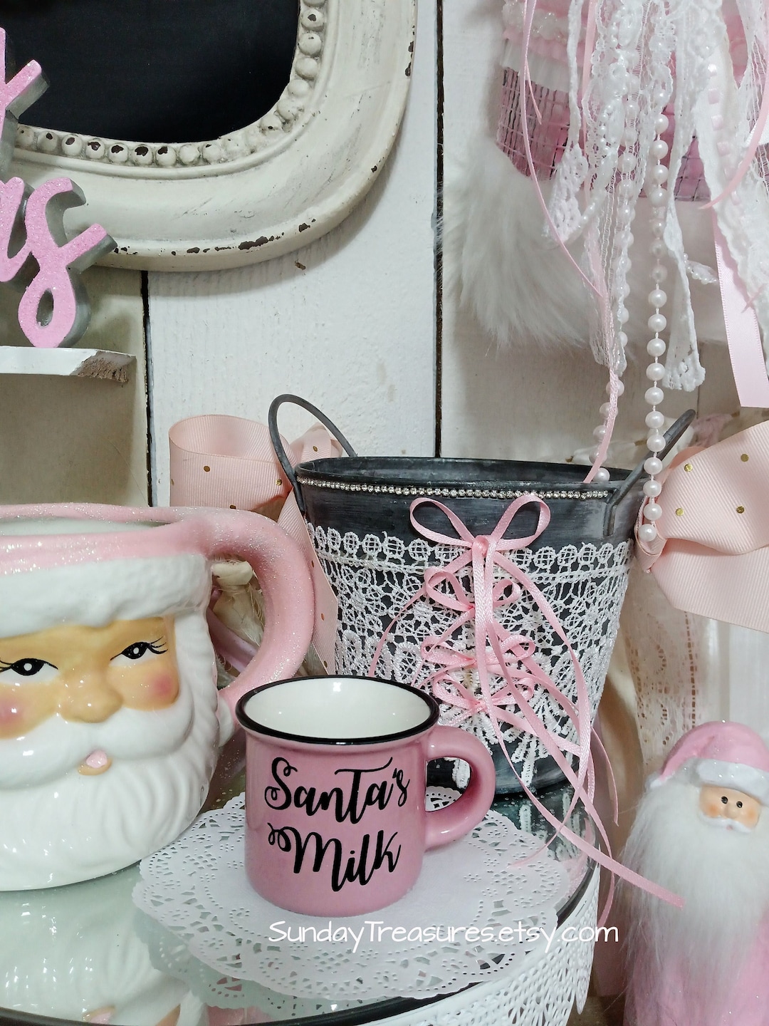 Santa's Milk Pink Mini MUG / Tiered Tray Decor Shabby Chic Vintage ...