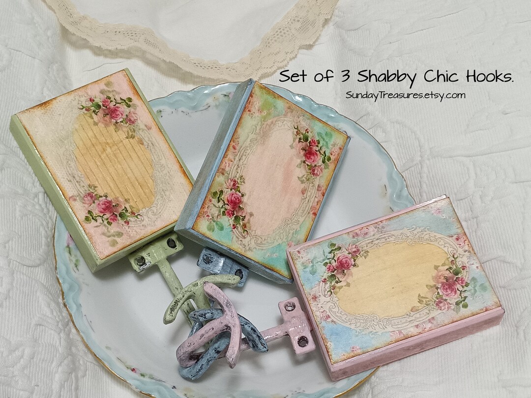 3 Pc Set Shabby Chic Hooks / Shabby Roses OOAK / Pink Blue Mint Green ...