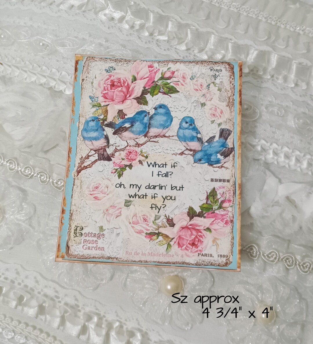 Shabby Chic Blue Birds, Pink Roses Journal Card / What If I Fall What ...