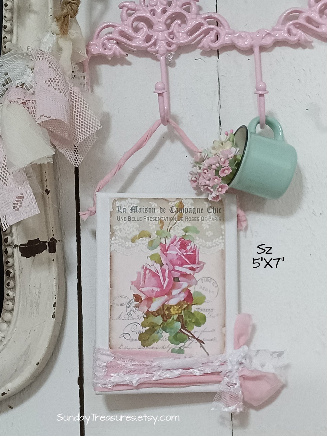 Pink Shabby French Roses Wall Decor Sign / Shabby Cottage Paris French ...