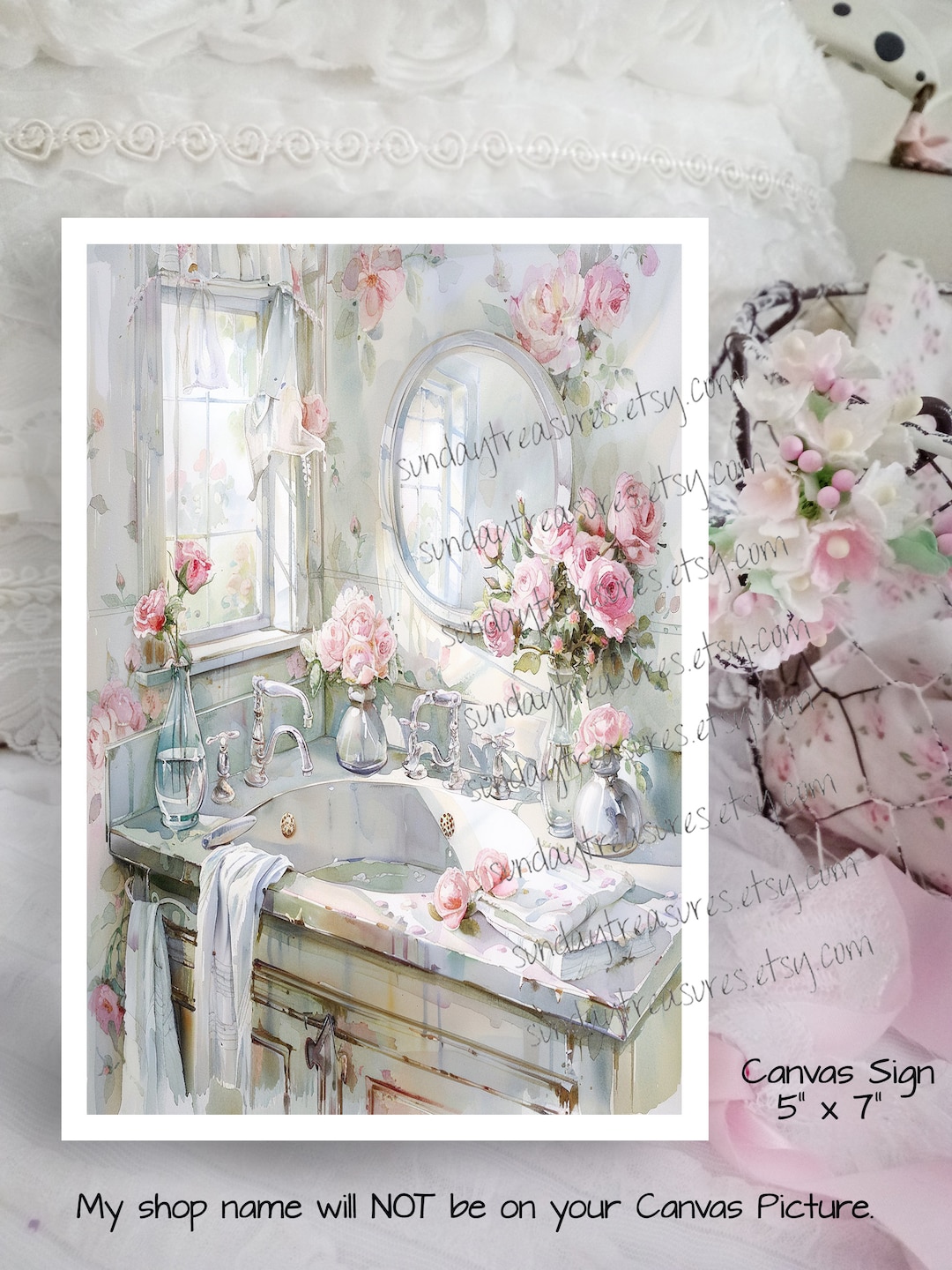 Shabby Chic Bathroom 5x7 Canvas Sign / Pink Roses in Vases / Feminine ...