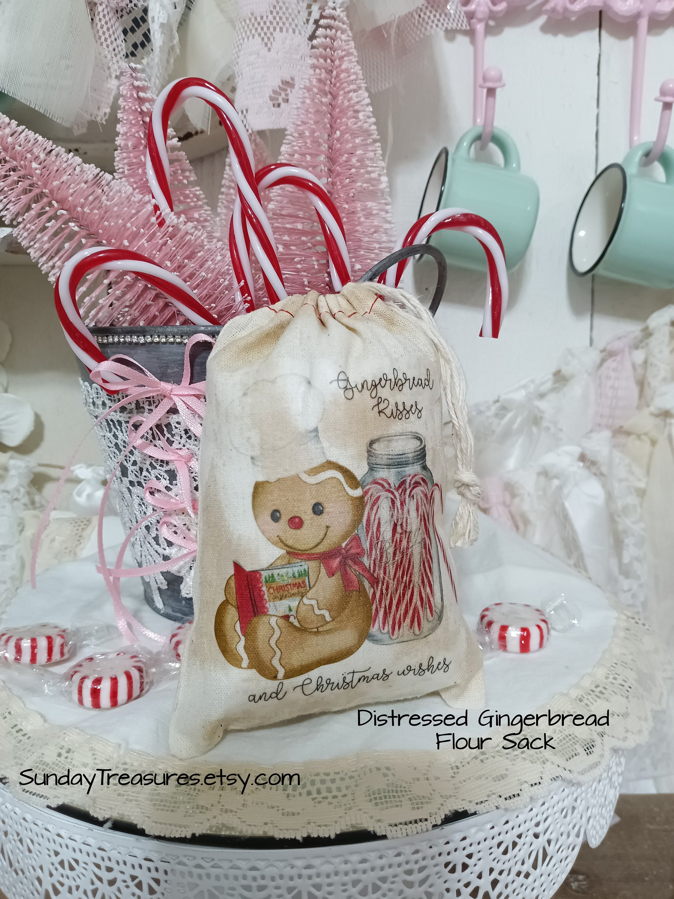 Gingerbread Man Flour Sack With Red Candy Canes / Tiered Tray - Etsy