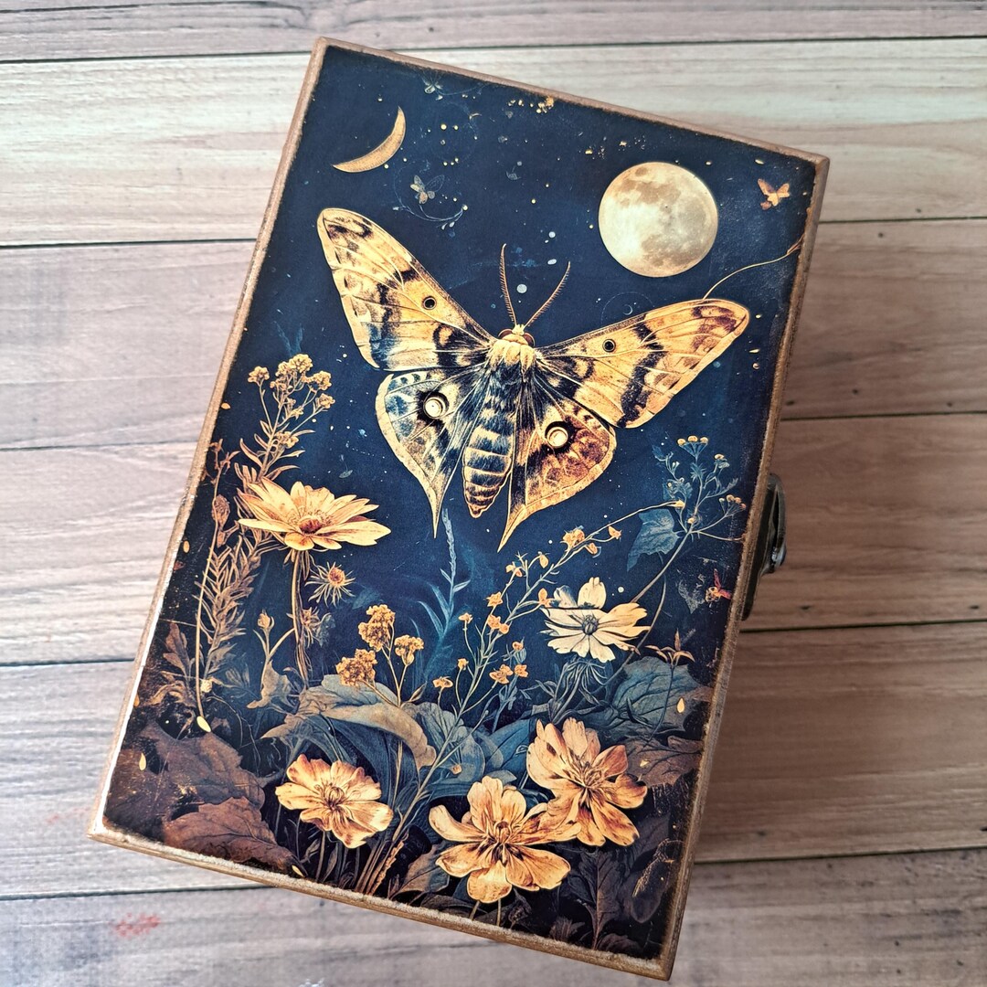 Personalized Tarot Card Box Celestial Mystic Moth Wooden Keepsake Box ...