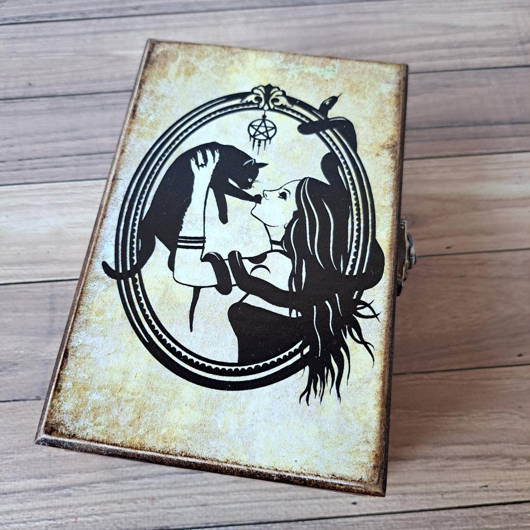 Personalized Wooden Tarot Card Box Witch and Black Cat Wooden Keepsake ...