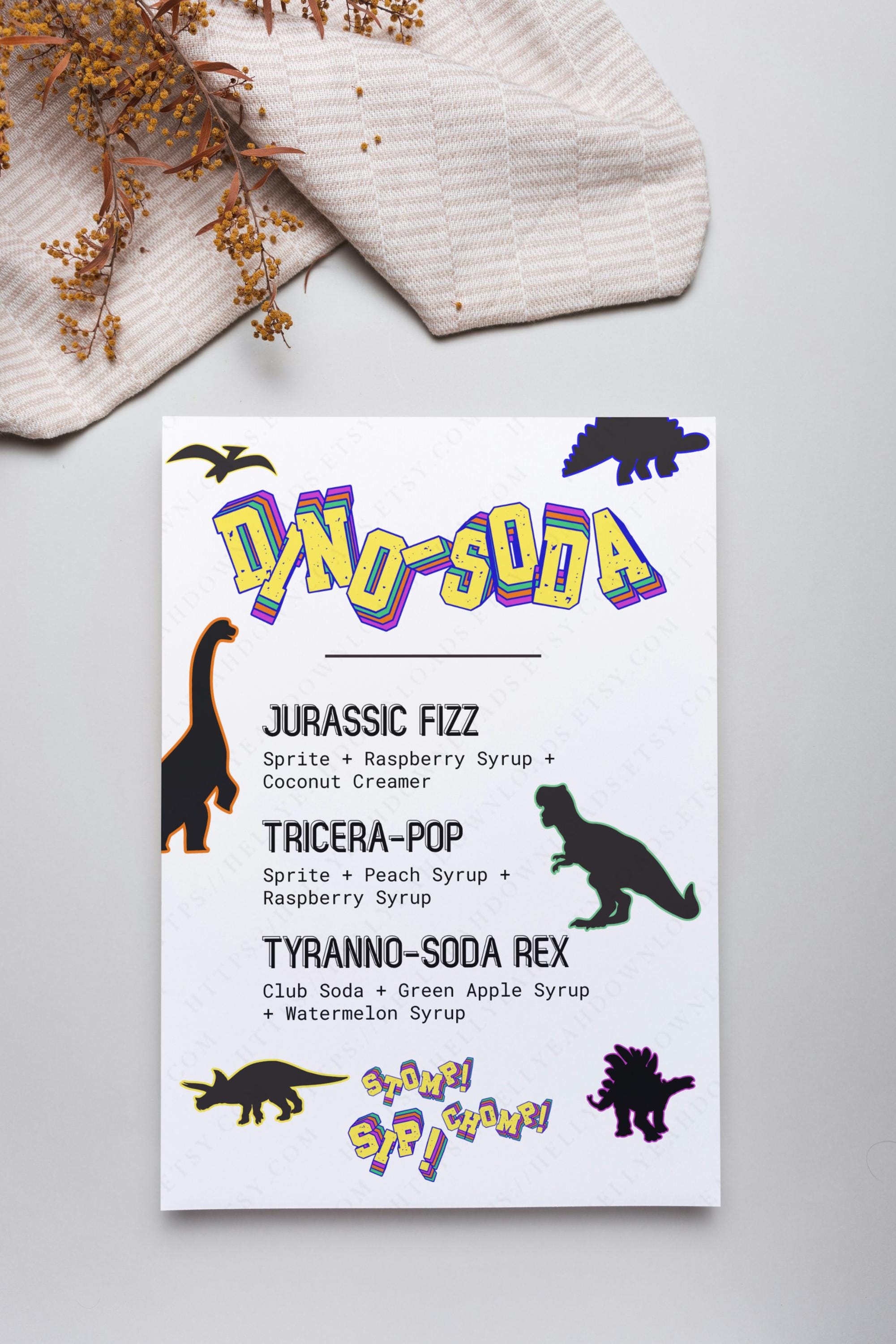 DINO-SODA Dinosaur Silhouettes Drink Menu, Teenager Dinosaur Party ...