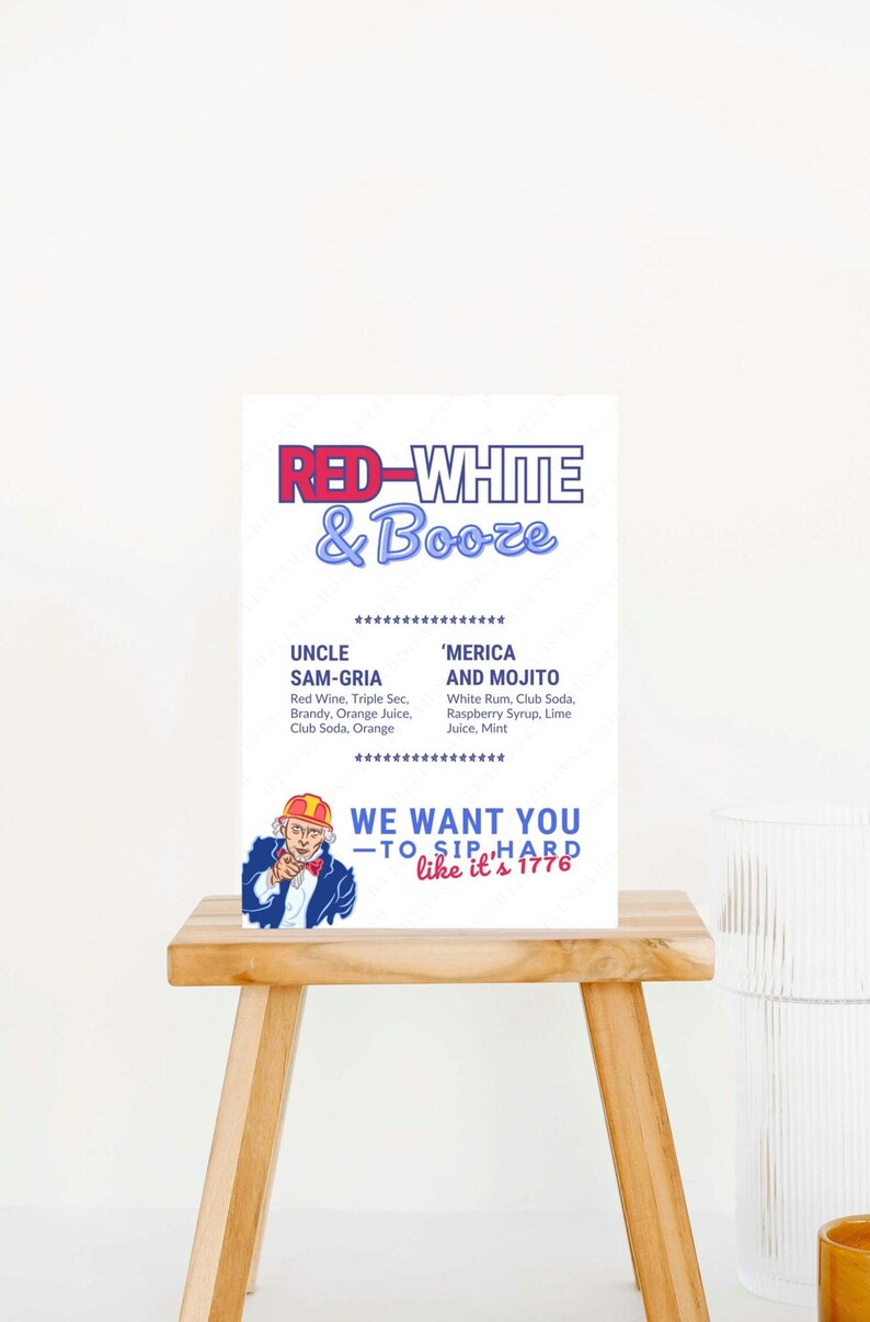 Red White and BOOZE Bar Menu Printable, Comical July 4th Sip Hard ...
