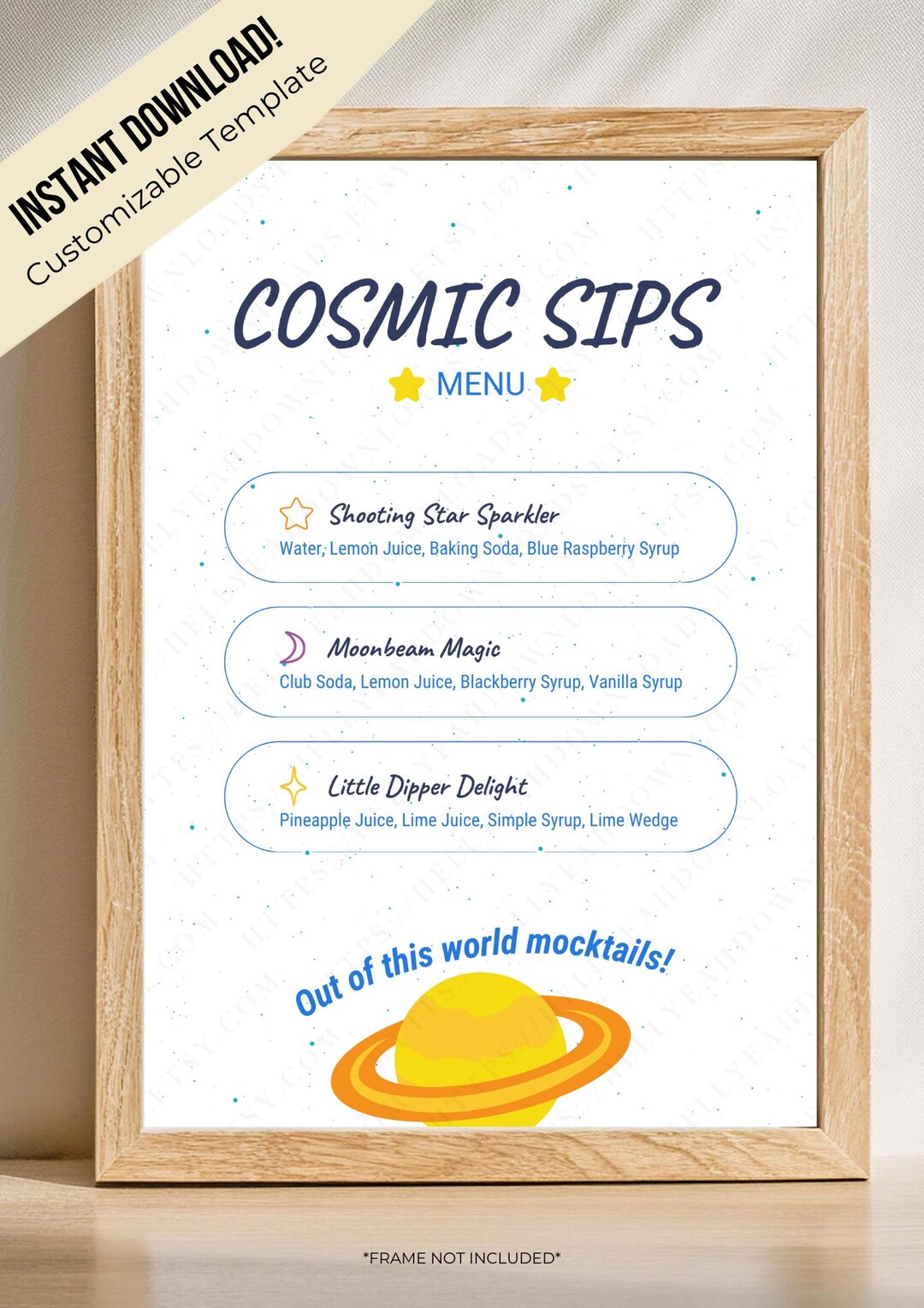 Cosmic Sips Mocktails Bar Menu, Space Party Drink Sign, Planet and ...