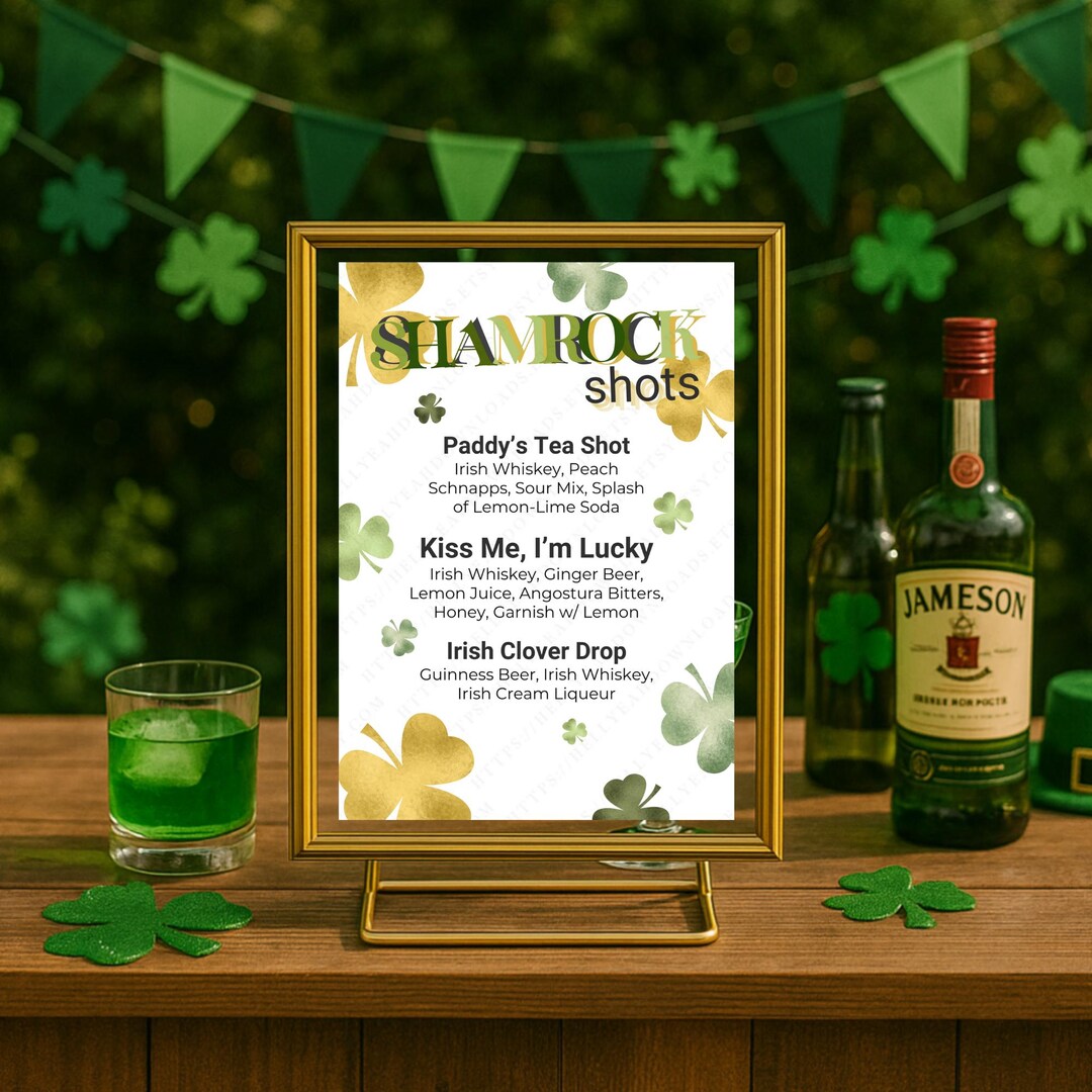 SHAMROCK SHOTS Printable St. Patrick's Day Liquor List, Chic Minimalist ...