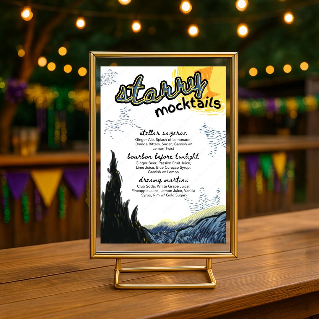 STARRY NIGHT Bayou Mocktails Printable Drink Menu, Van Gogh Party Drink ...