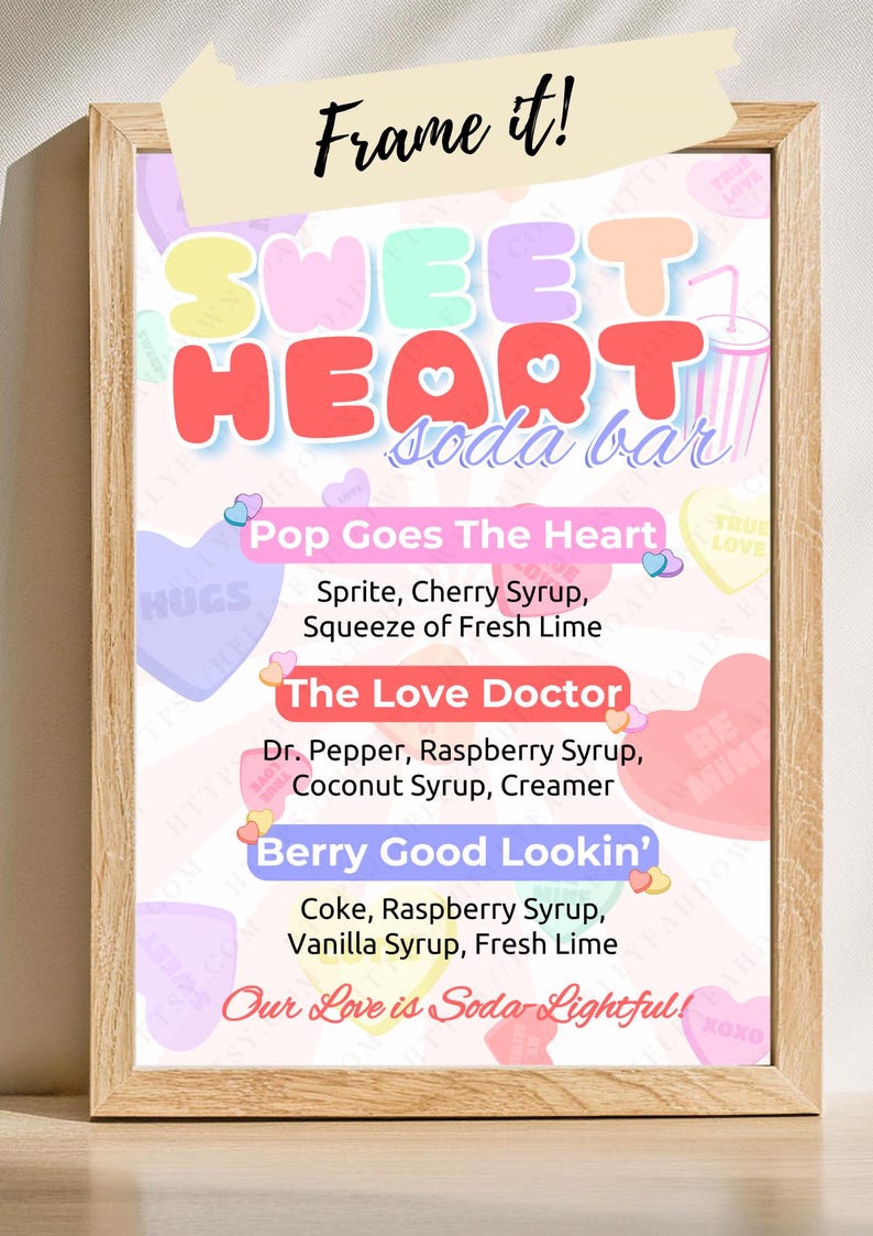 SWEETHEART SODA Printable Menu, DIY Flavored Soda Bar & Menu, Valentine ...
