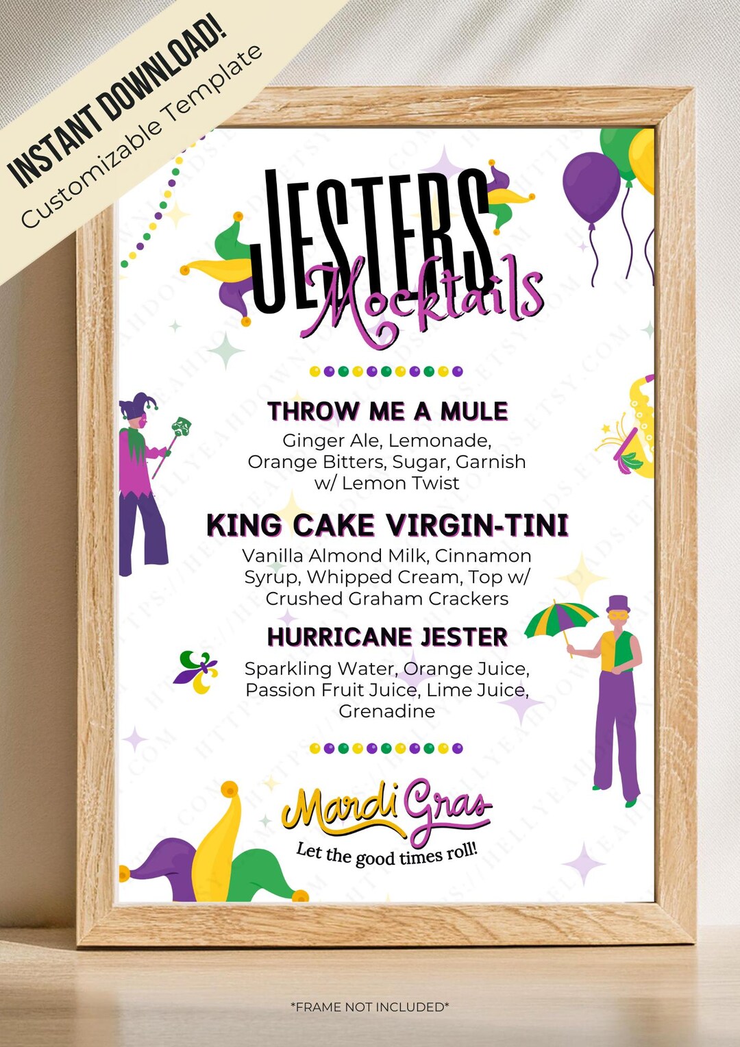 Mardi Gras JESTERS Mocktails Printable Drink List, Digital Print Drink ...