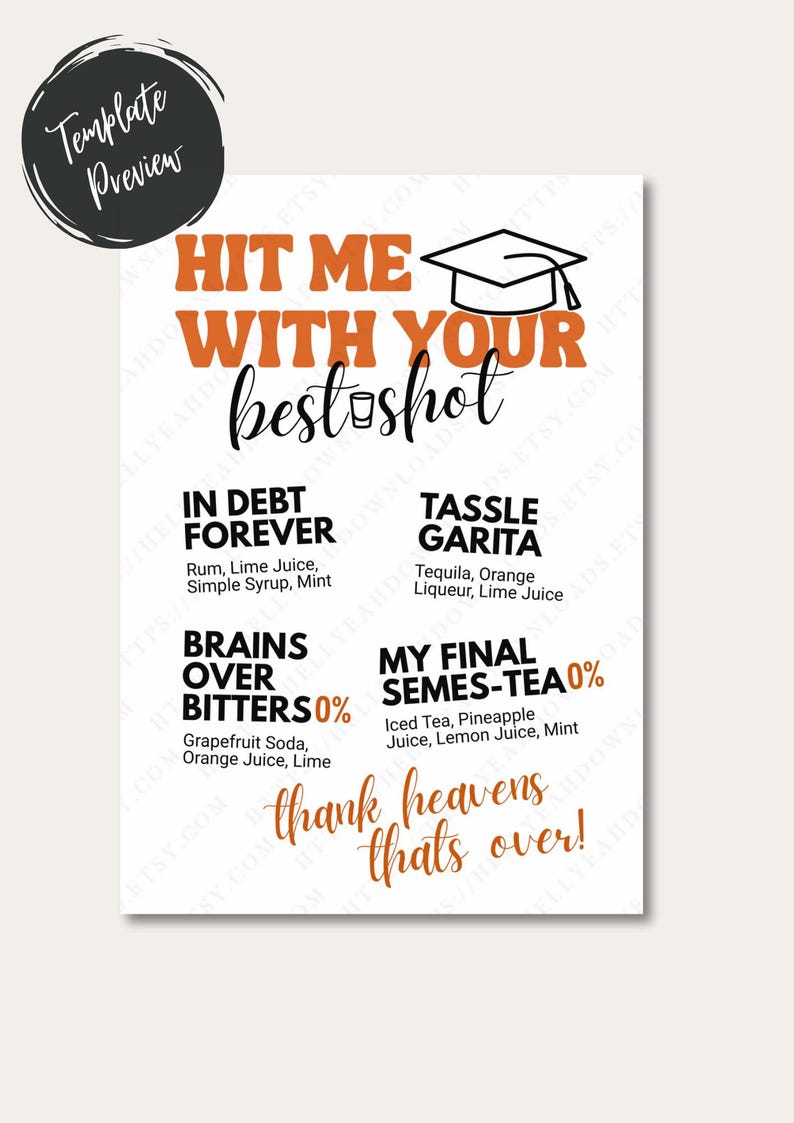 Hit Me With Your Best Shot Grad-themed Menu, Cheeky Grad Party Drink ...
