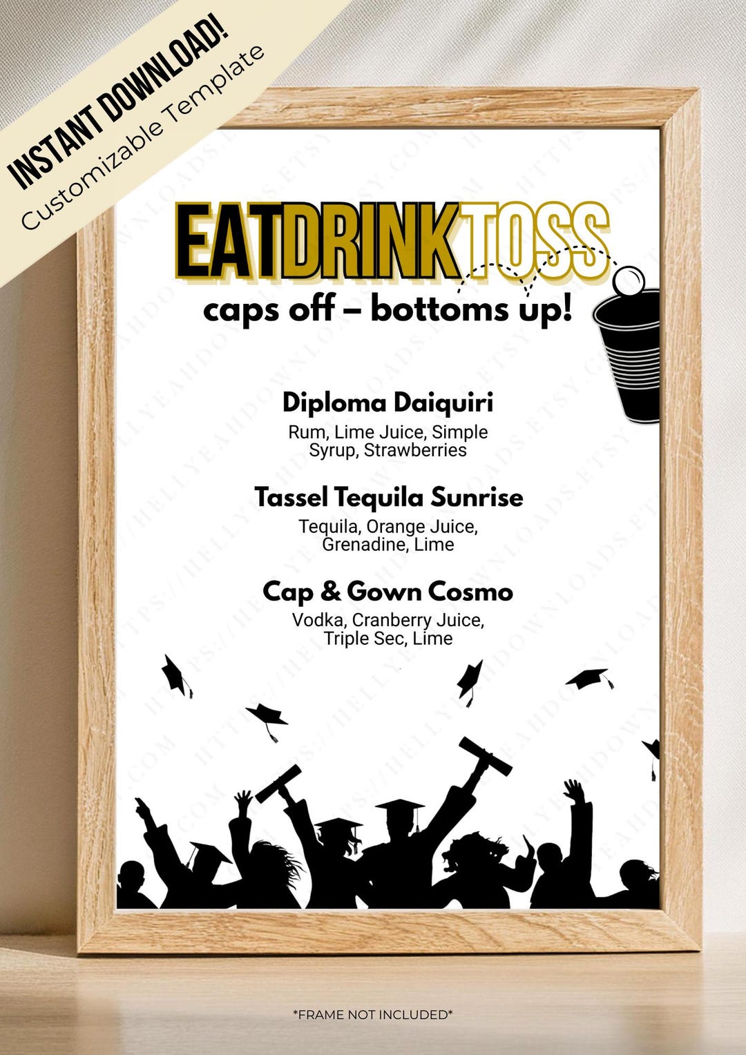 EAT DRINK TOSS Printable Drink Menu, Caps off Bottoms up Grad ...