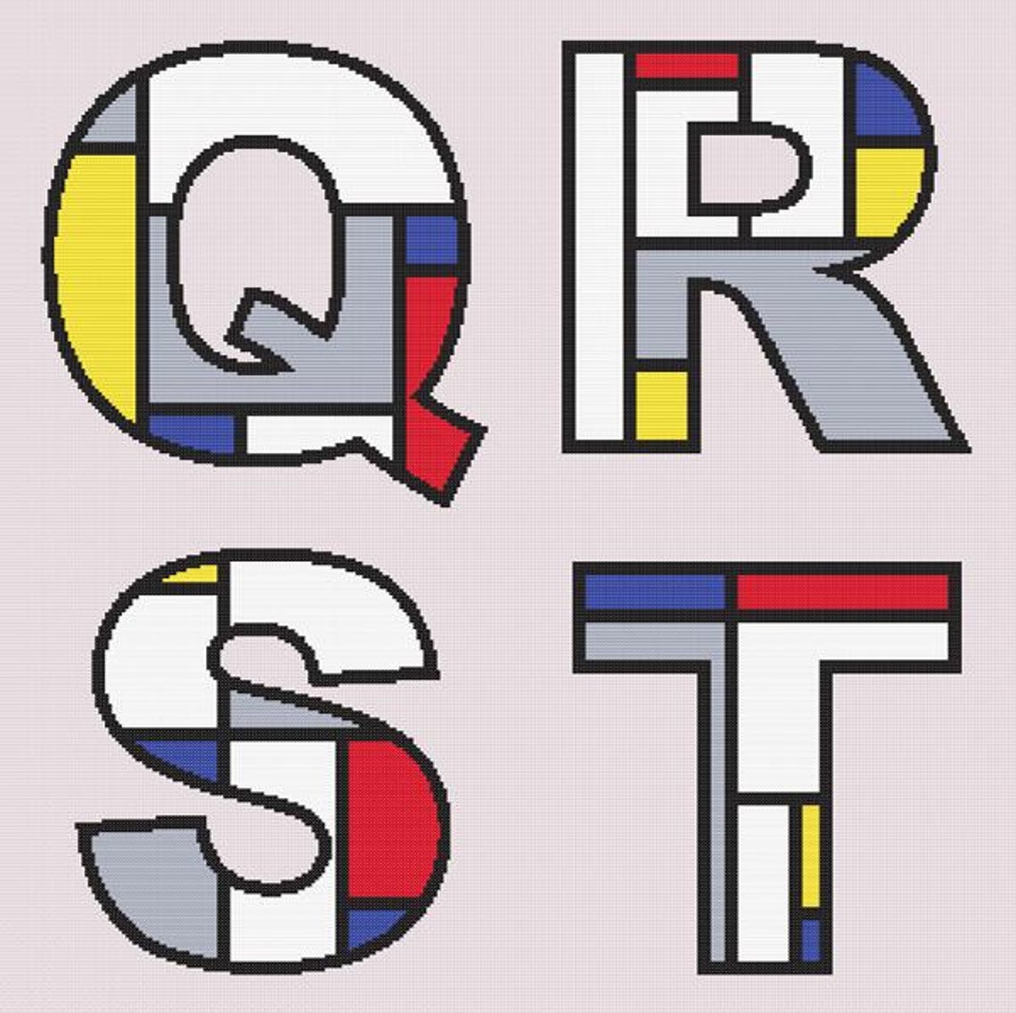 Mondrian-inspired Alphabet Cross Stitch Pattern – Letters Q R S T – PDF ...