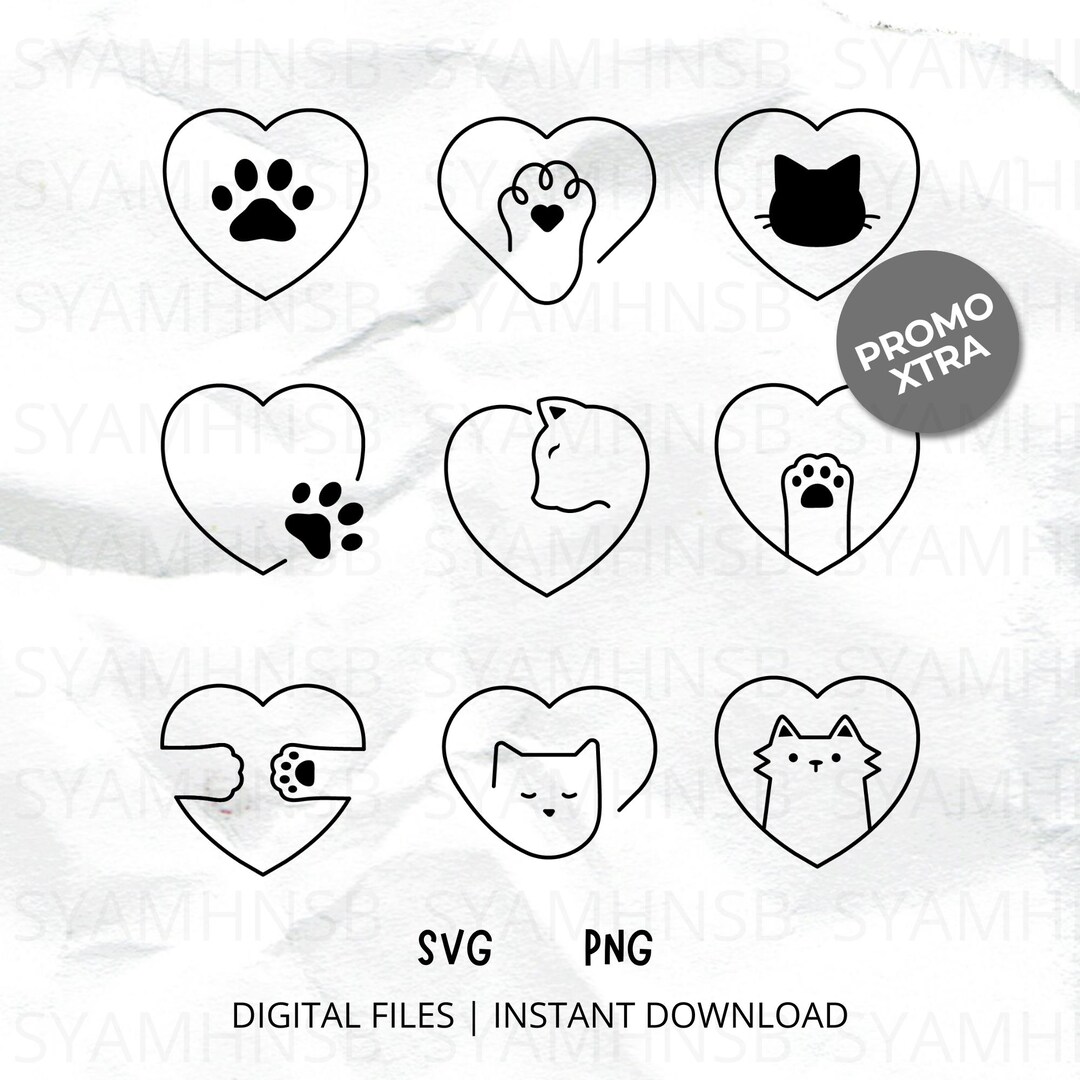 Cat Heart Line Art Clipart Bundle: Paw & Face (SVG, PNG) - Etsy