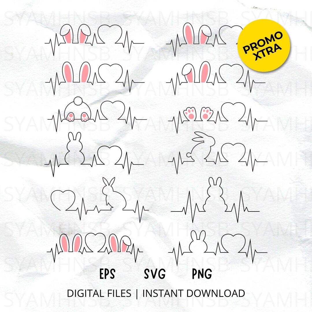 Bunny Heartbeat SVG Bundle, Rabbit Ears Paw Clipart, Easter Bunny ...