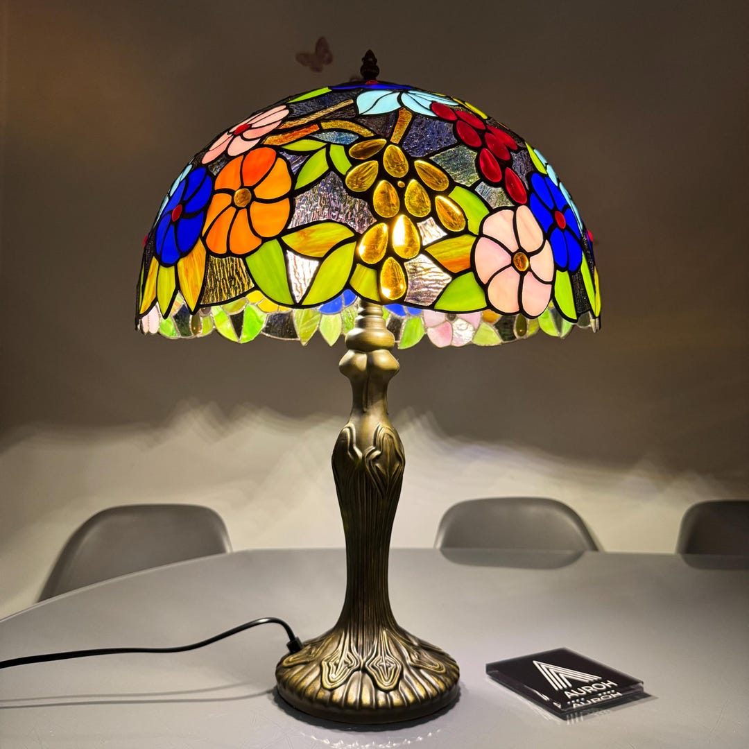 Tiffany Table Lamp – Floral Stained Glass, Bronze Base Handcrafted - Etsy