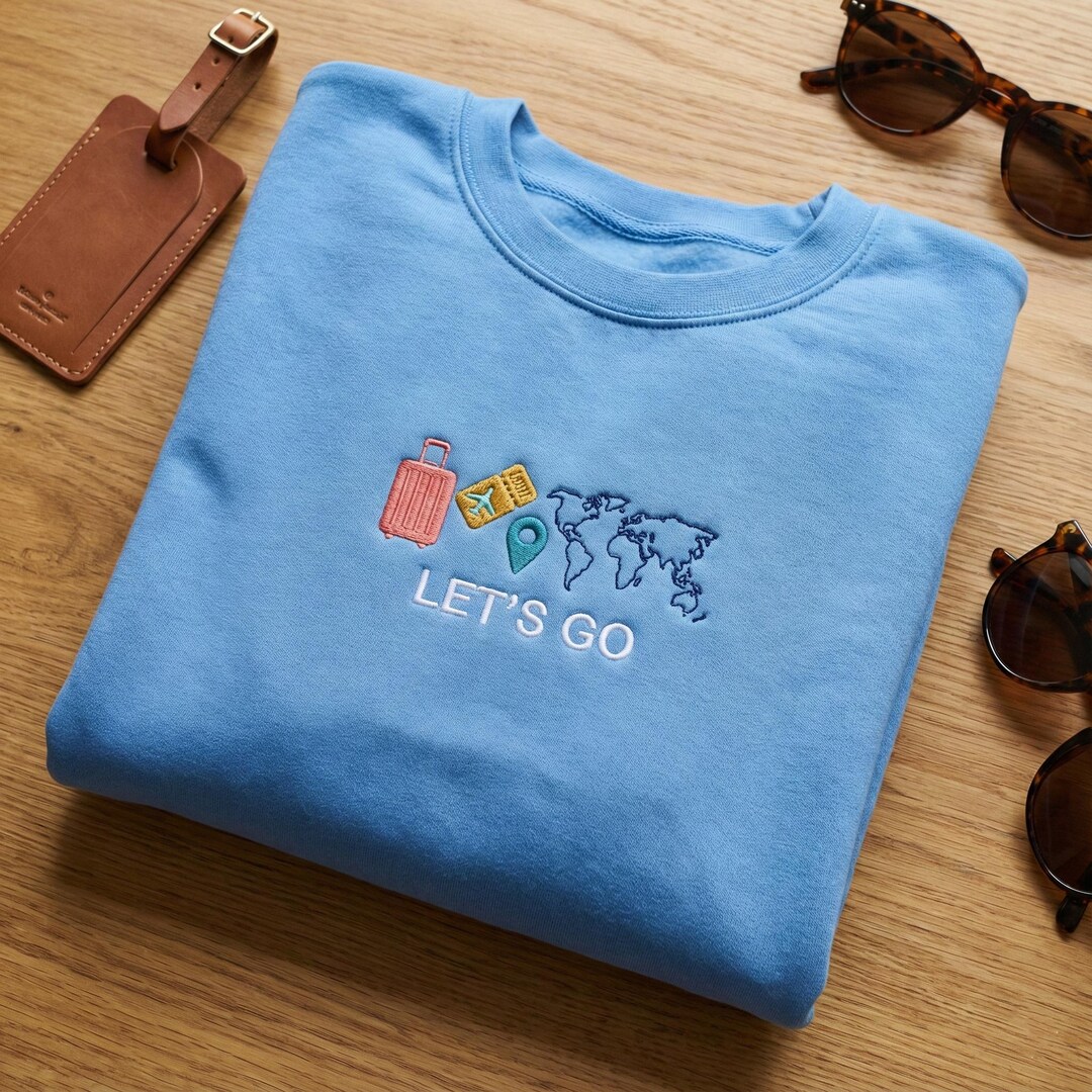 Let's Go Embroidered Sweatshirt, World Map & Luggage Crewneck, Travel ...