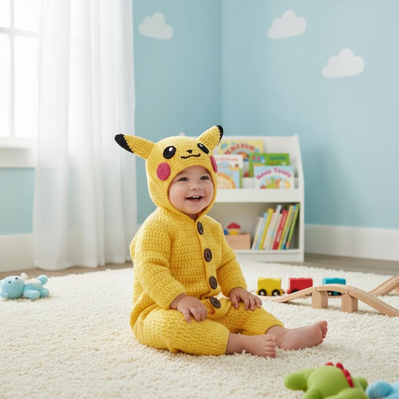 Crochet Pikachu Baby Outfit, Yellow Romper With Hood and Tail, Handmade ...