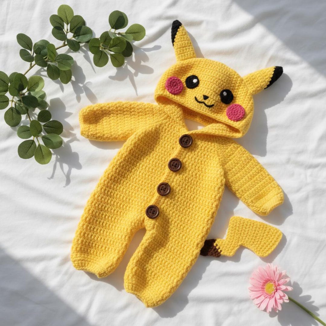 Crochet Pikachu Baby Outfit, Yellow Romper With Hood and Tail, Handmade ...
