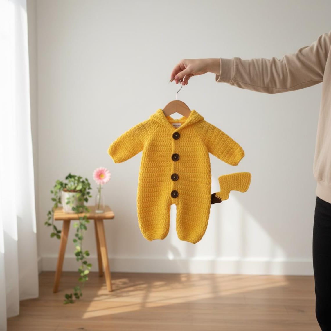 Crochet Pikachu Baby Outfit, Yellow Romper With Hood and Tail, Handmade ...