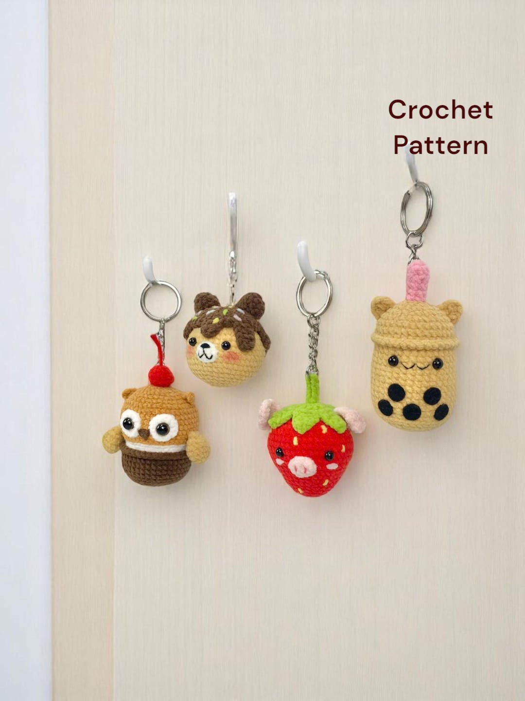 Animal Keychain Crochet Pattern, Amigurumi Bear, Strawberry, Bubble Tea ...