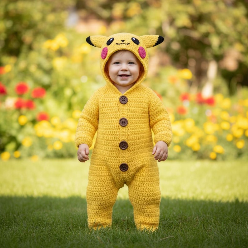 Crochet Pikachu Baby Outfit, Yellow Romper With Hood and Tail, Handmade ...