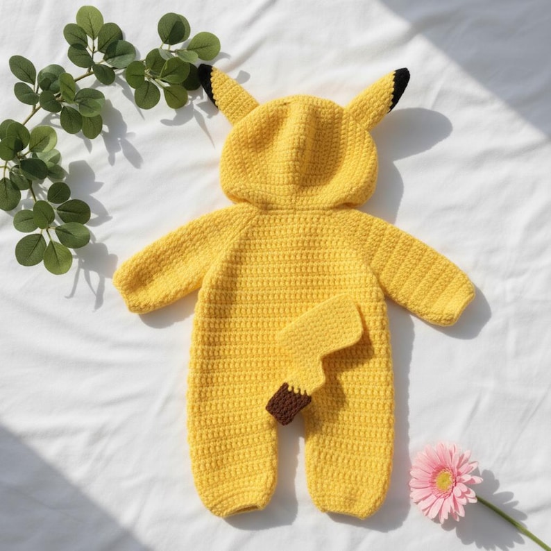 Crochet Pikachu Baby Outfit, Yellow Romper With Hood and Tail, Handmade ...