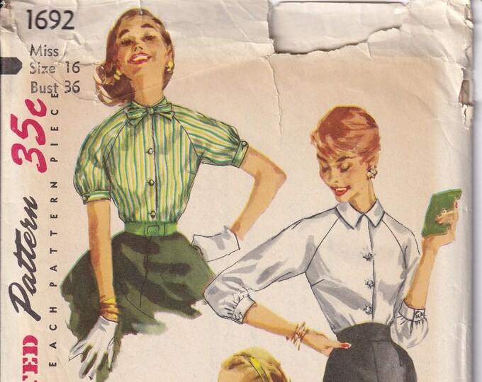 Vintage 1959 Simplicity 3229 Sewing Pattern Misses' Blouse With Sleeve ...