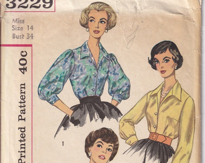 Vintage 1959 Simplicity 3229 Sewing Pattern Misses' Blouse With Sleeve ...