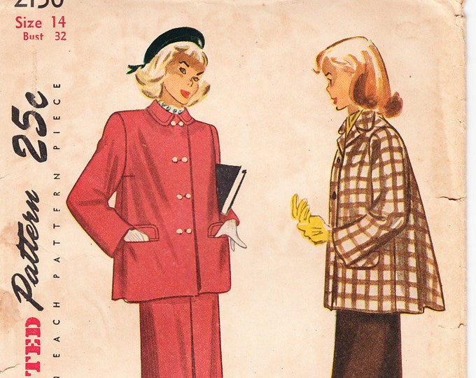 Vintage 1947 Simplicity 2150 Sewing Pattern Teen-age Suit Size 14 Bust ...