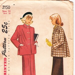 Vintage 1947 Simplicity 2150 Sewing Pattern Teen-age Suit Size 14 Bust ...