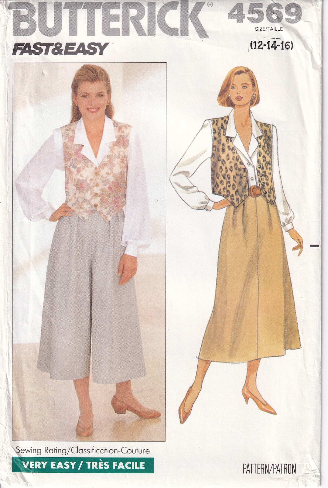 Vintage 1990 Butterick 4569 UNCUT Sewing Pattern Misses' Blouse, Vest ...
