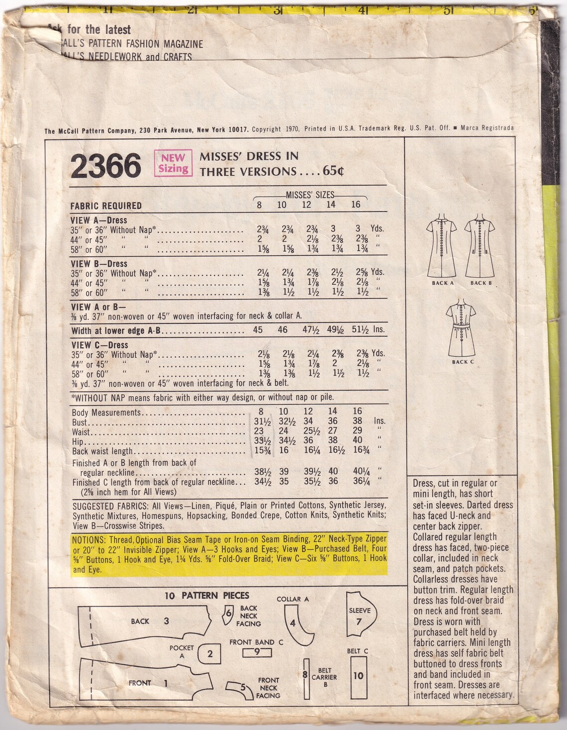 Vintage 1970 Mccall's 2366 Sewing Pattern Misses' Dress in Three ...