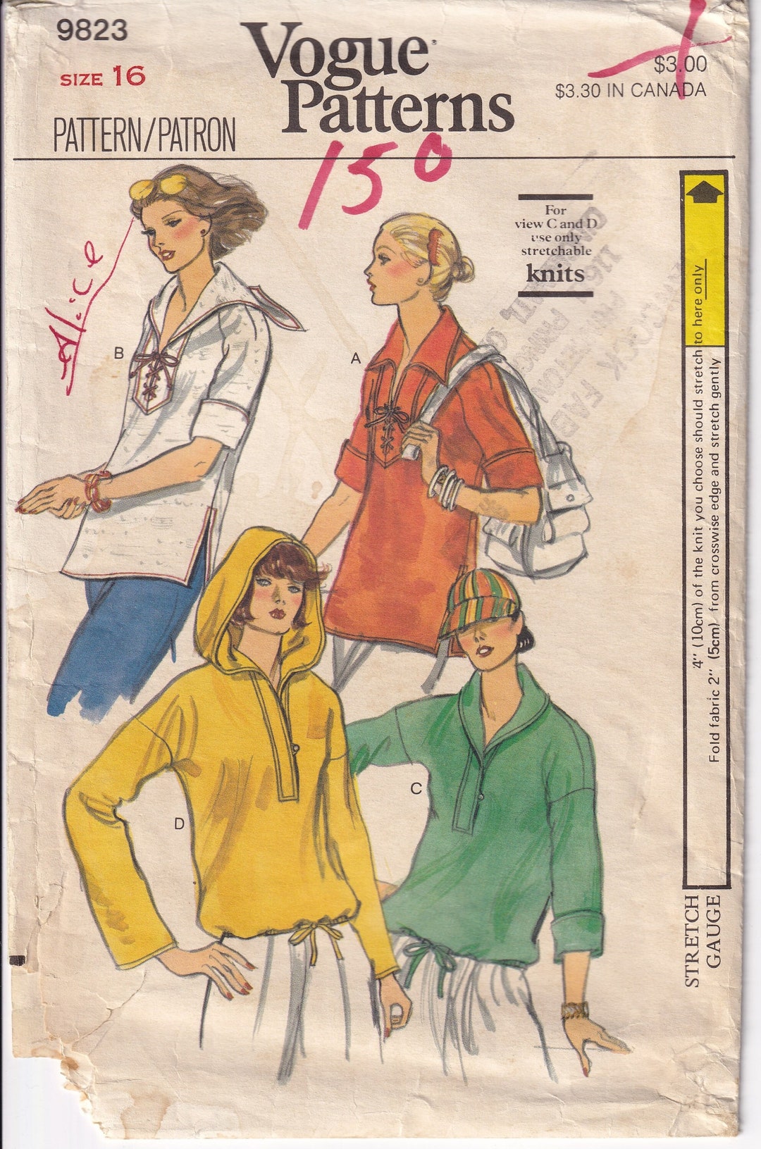 Vintage 1979 Vogue 9823 Sewing Pattern Misses' Boho Knit Tops Size 16 ...