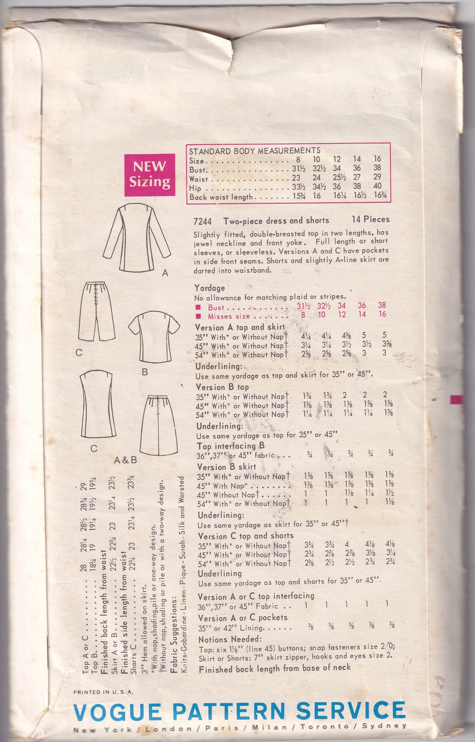 Vintage 1968 Vogue 7244 Sewing Pattern Misses' Two-piece Dress and ...