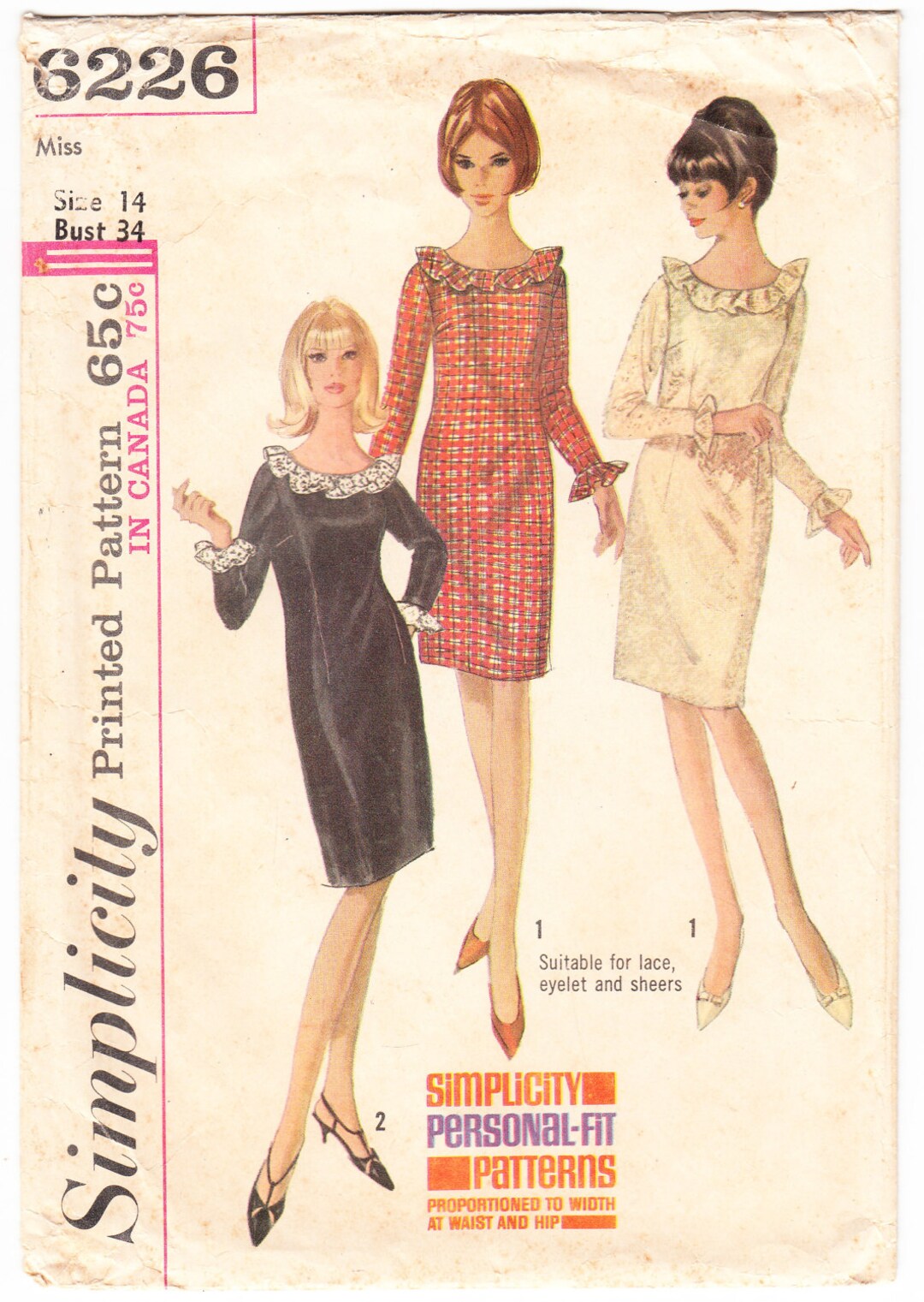 Vintage 1965 Simplicity 6226 Sewing Pattern Misses' One-piece Dress Size 14 Bust 34 - Etsy
