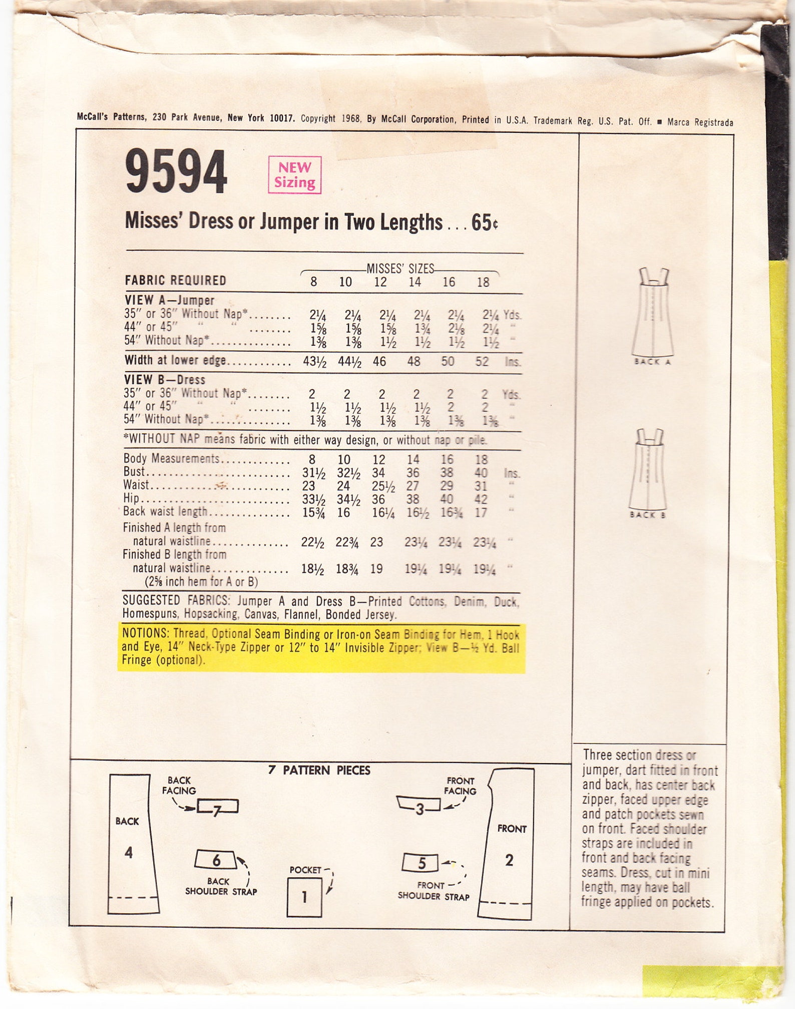 Vintage 1968 Mccall's 9594 Sewing Pattern Misses' Dress or Jumper Size ...