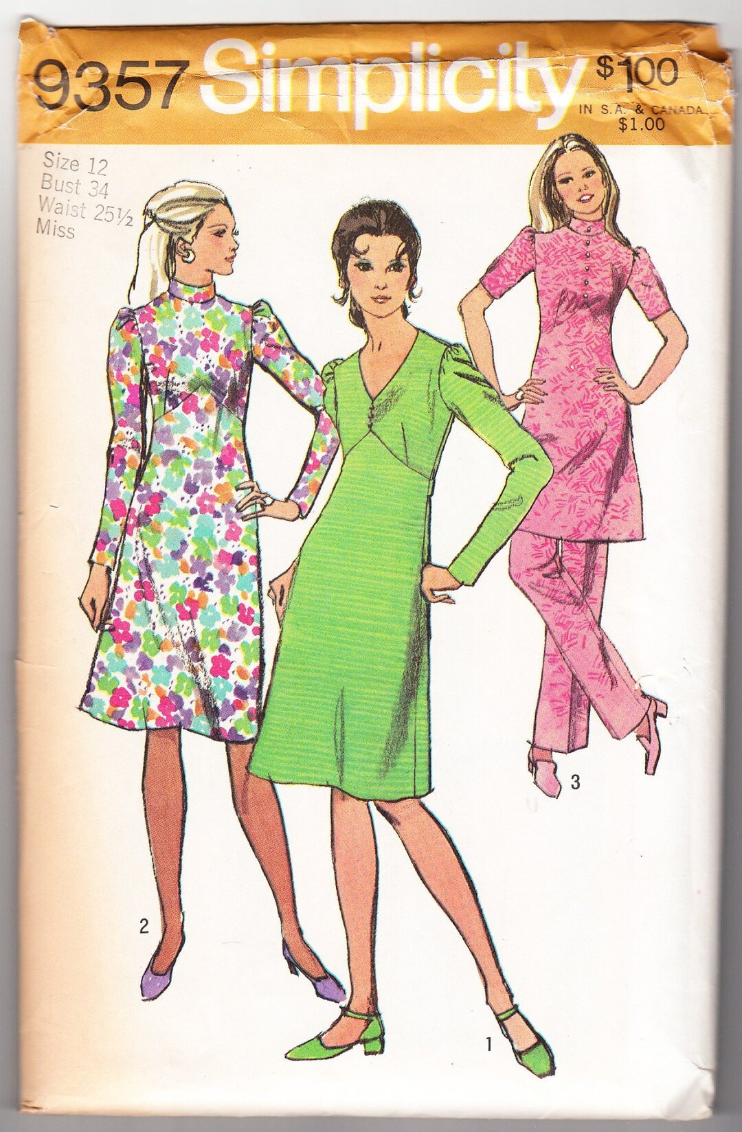 Vintage 1971 Simplicity 9357 Sewing Pattern Misses Dress in Two Lengths ...