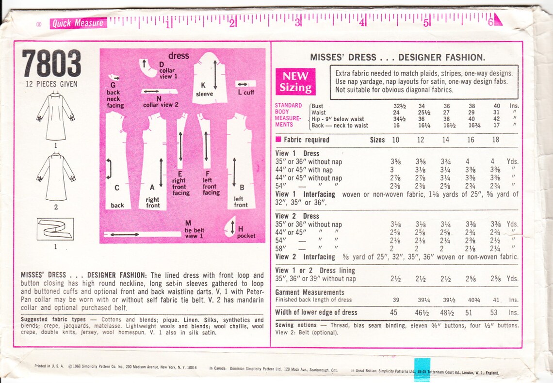 Vintage 1968 Simplicity 7803 UNCUT Designer Fashion Sewing | Etsy