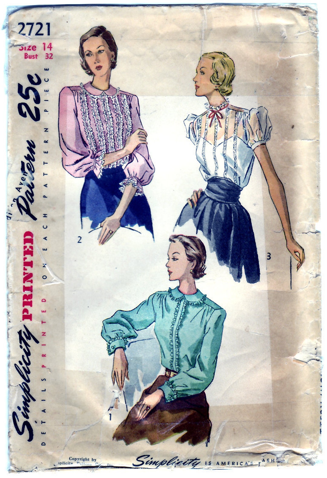 Vintage 1949 Simplicity 2721 Sewing Pattern Misses' Blouse Size 14 Bust ...