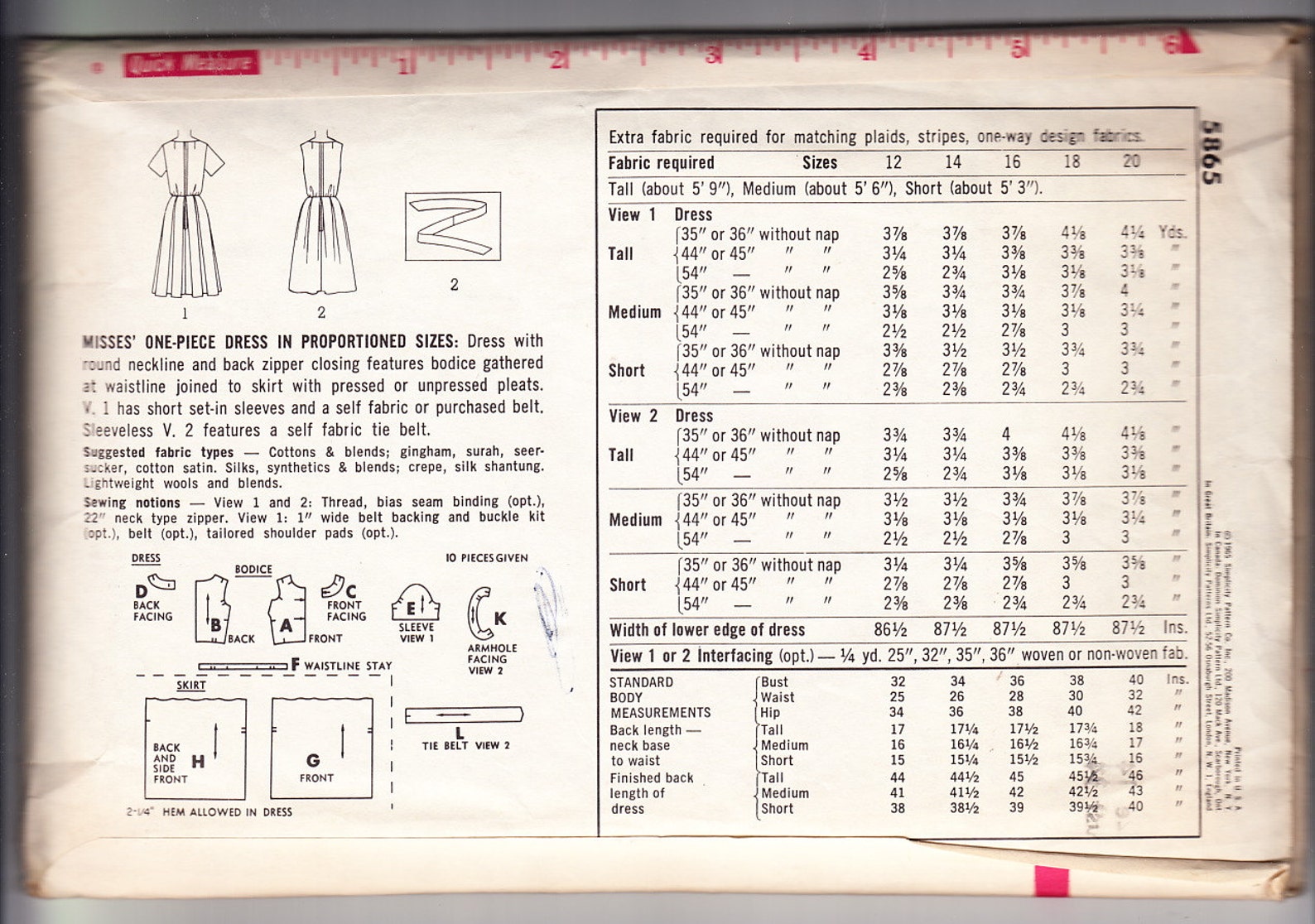Vintage 1965 Simplicity 5865 Sewing Pattern Misses' | Etsy