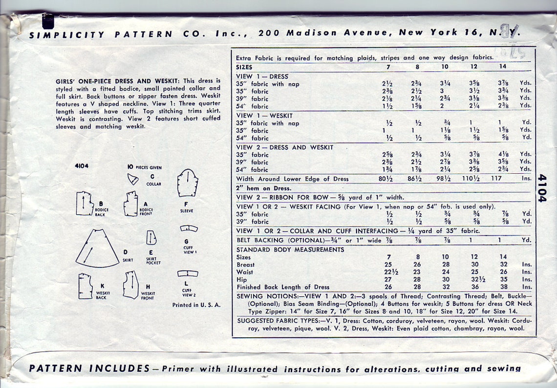 Vintage 1952 Simplicity 4104 Sewing Pattern Girl's One-piece Dress and ...