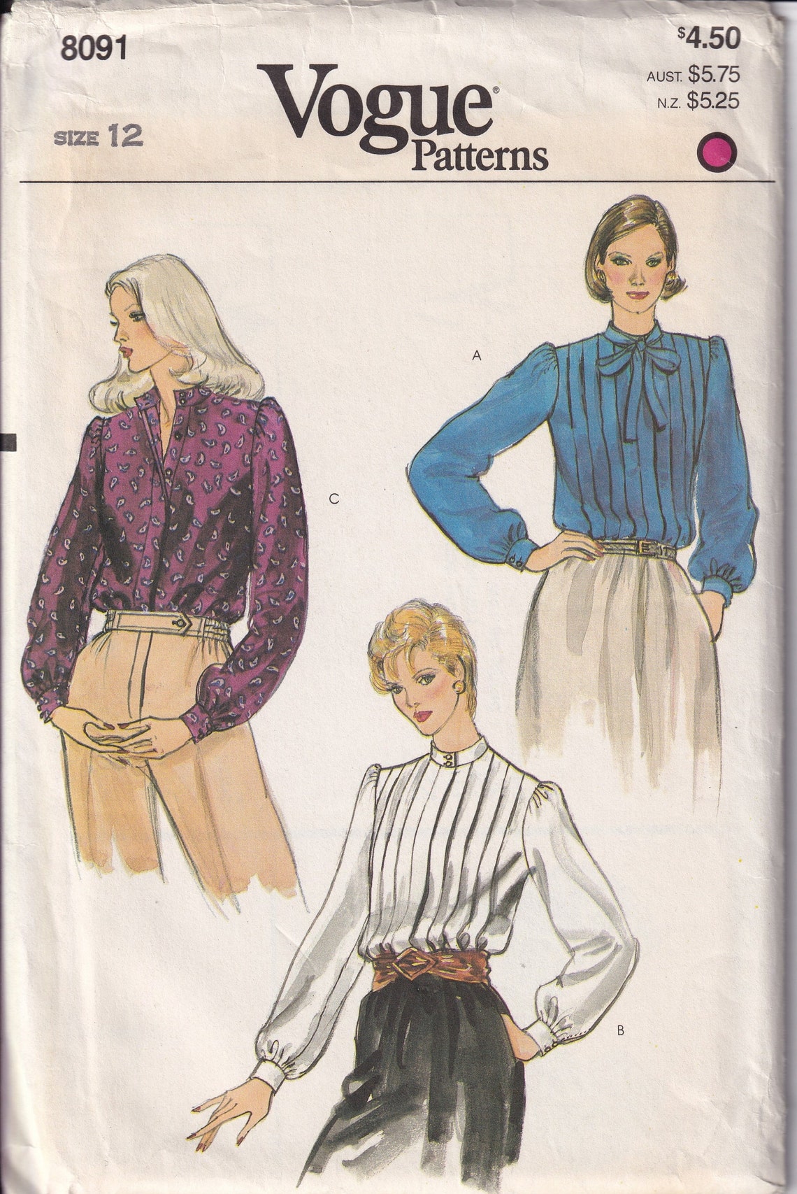 Vintage 1981 Vogue 8091 Sewing Pattern Misses' Blouse Size 12 Bust 34 ...
