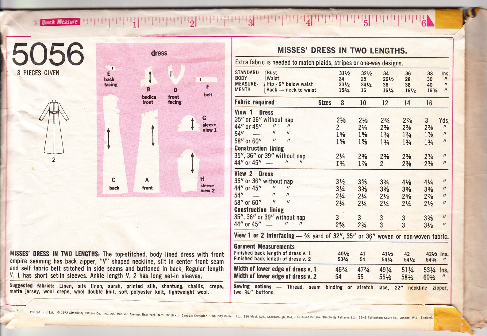 Vintage 1972 Simplicity 5056 Sewing Pattern Misses' Dress | Etsy