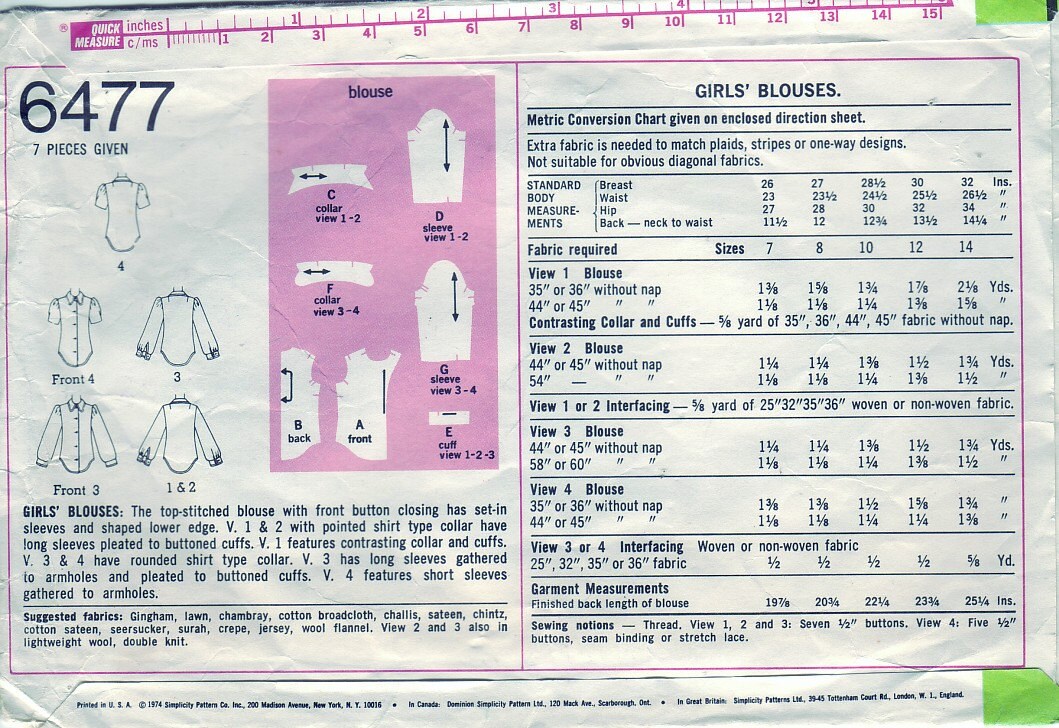 Vintage 1974 Simplicity 6477 Sewing Pattern Girl's Blouses | Etsy
